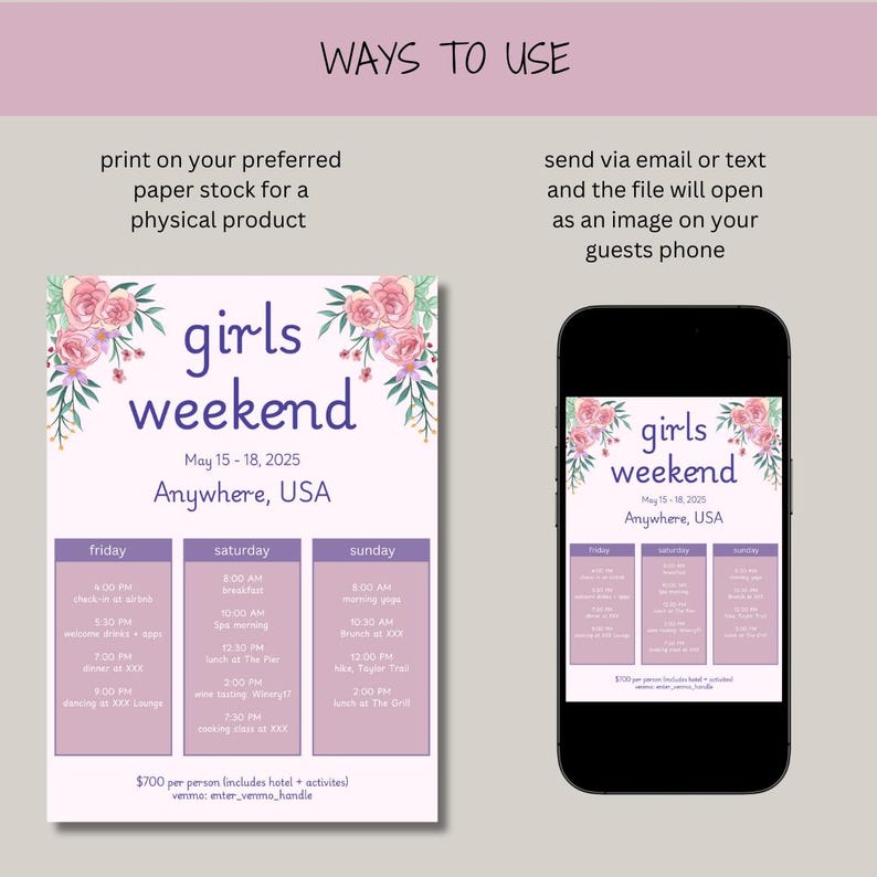 Girls Weekend Itinerary Template Pink Travel Itinerary Weekend Vacation ...