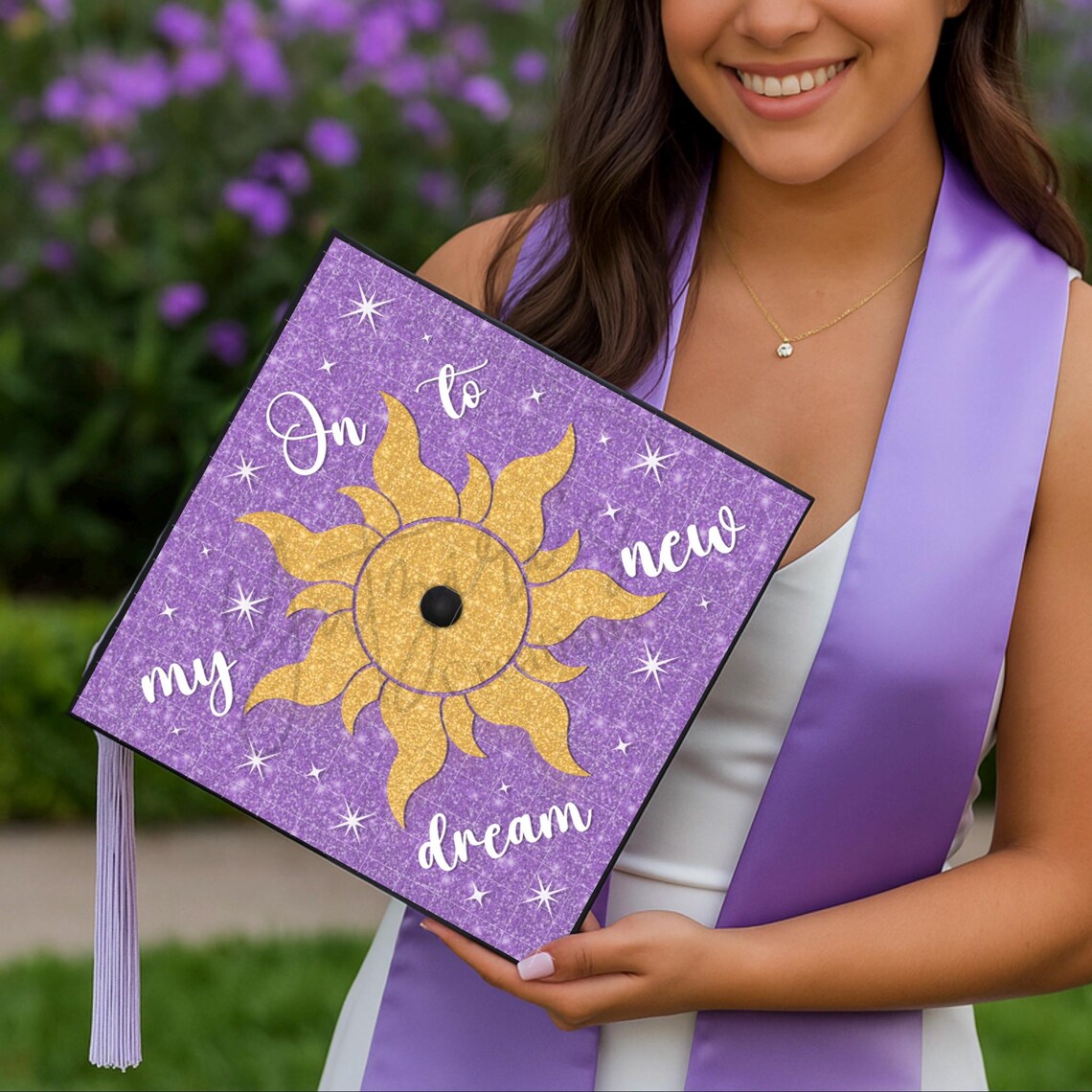 On to My New Dream Printed Graduation Cap Topper, Rapunzel Printed Grad ...