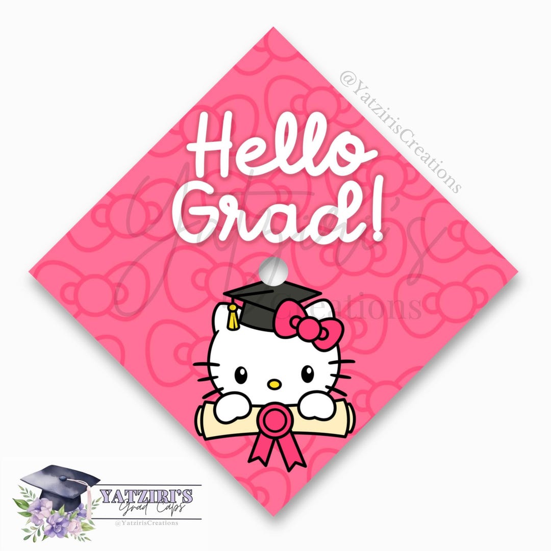 Hello Grad Printed Graduation Cap Topper, Kawaii Kitty Graduation, Grad ...