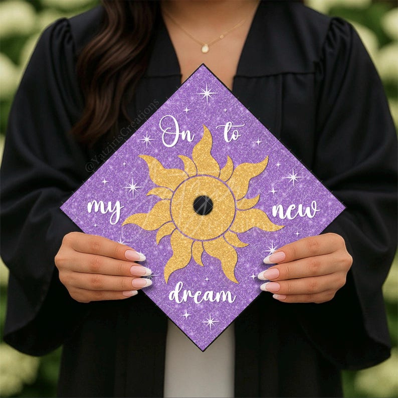 On to My New Dream Printed Graduation Cap Topper, Rapunzel Printed Grad ...