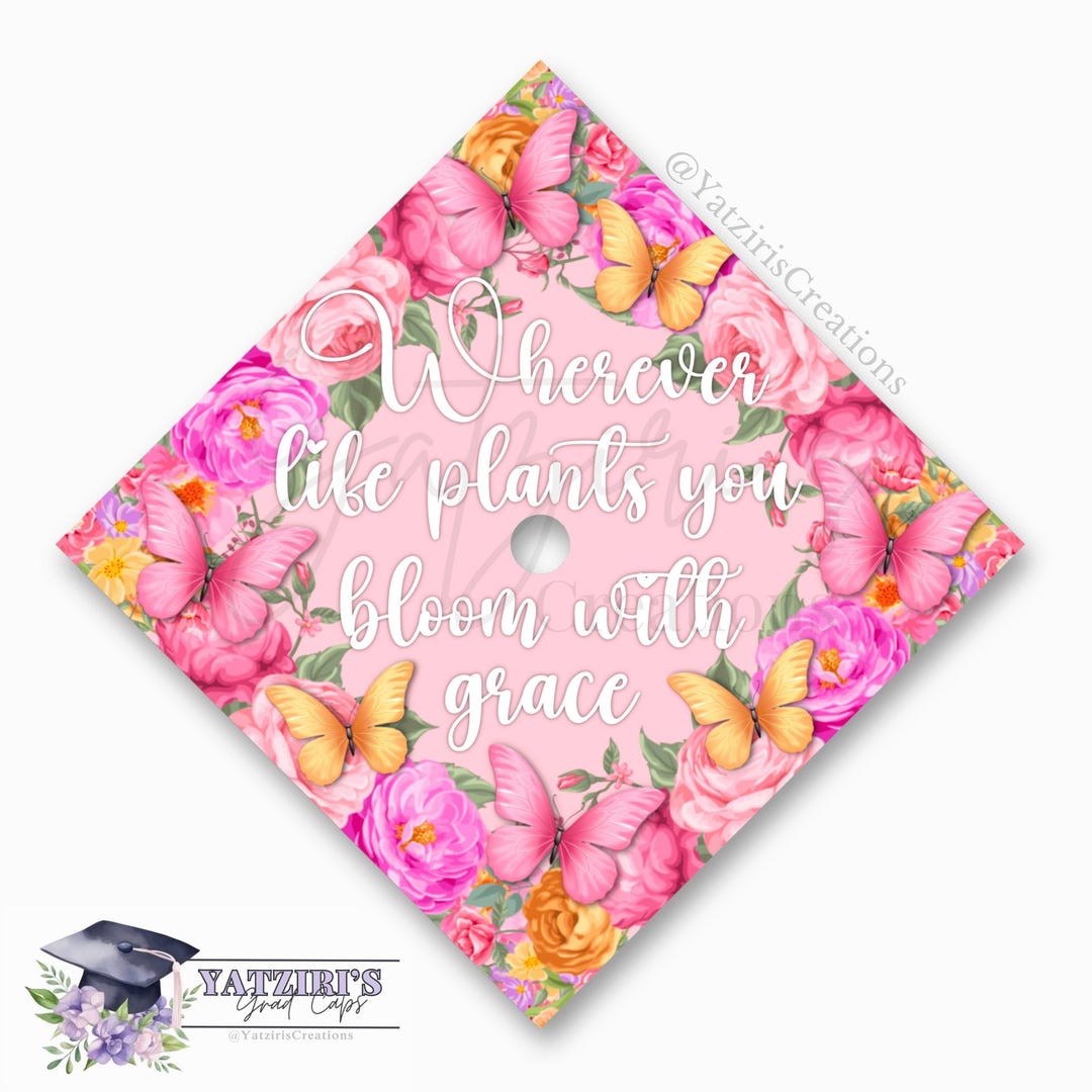 Pink Floral Butterfly Printed Graduation Cap Topper, Bloom With Grace ...