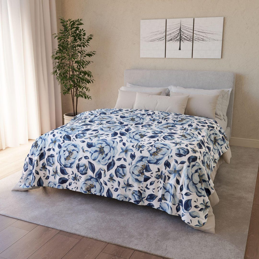 Blue Toile Fleece Throw Blanket: Chinoiserie Floral Decor - Etsy