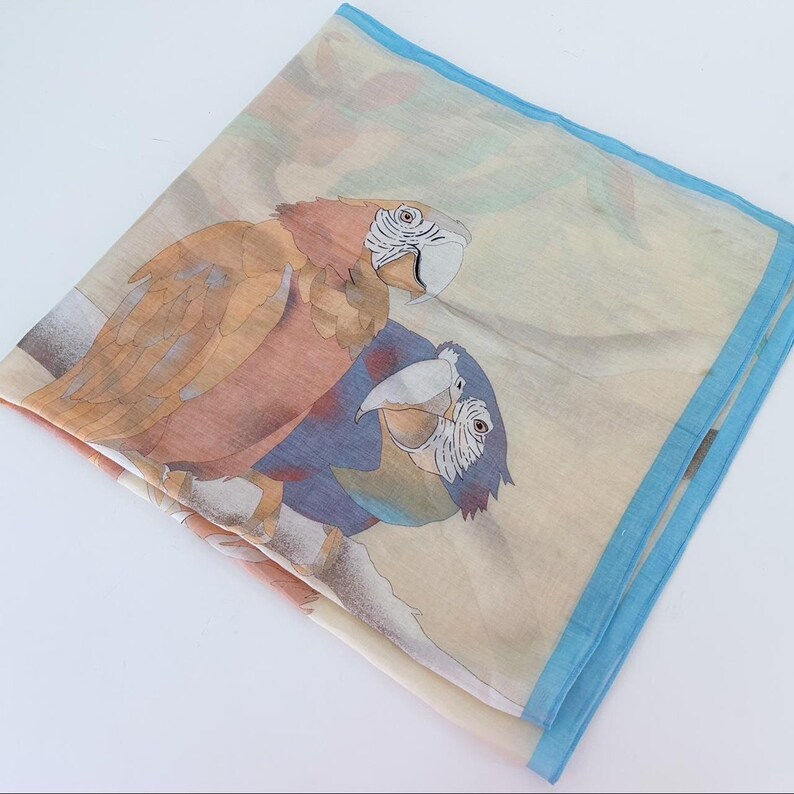 Vintage Large Cotton Scarf // Retro Bird Parrot Print Boho 1980s ...