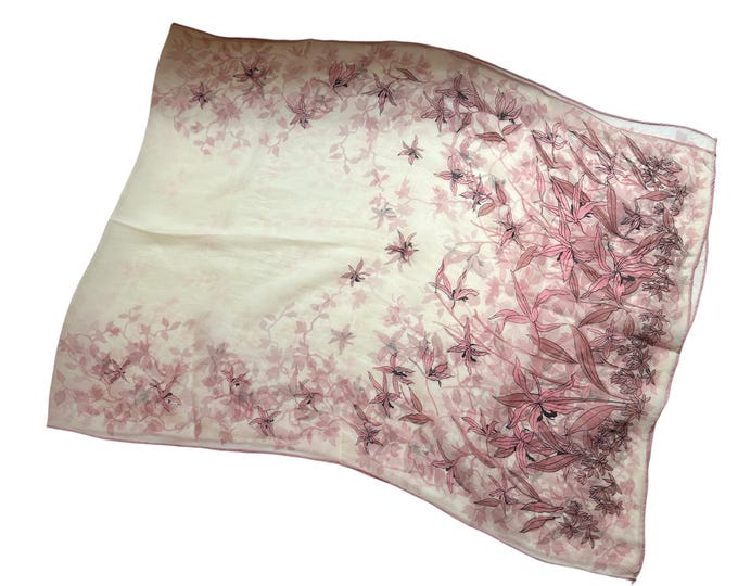 Vintage Rose Pink Silk Sheer Long Floral Lillies Scarf Cream Romantic ...