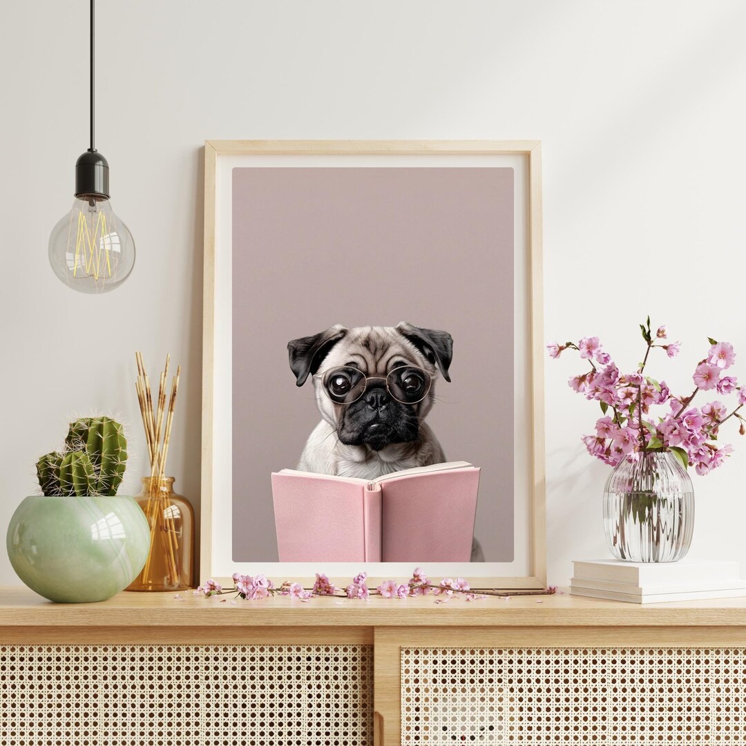 Pug Print, Funny Puppy Reading a Book, Cute Animal Photography Wall ...