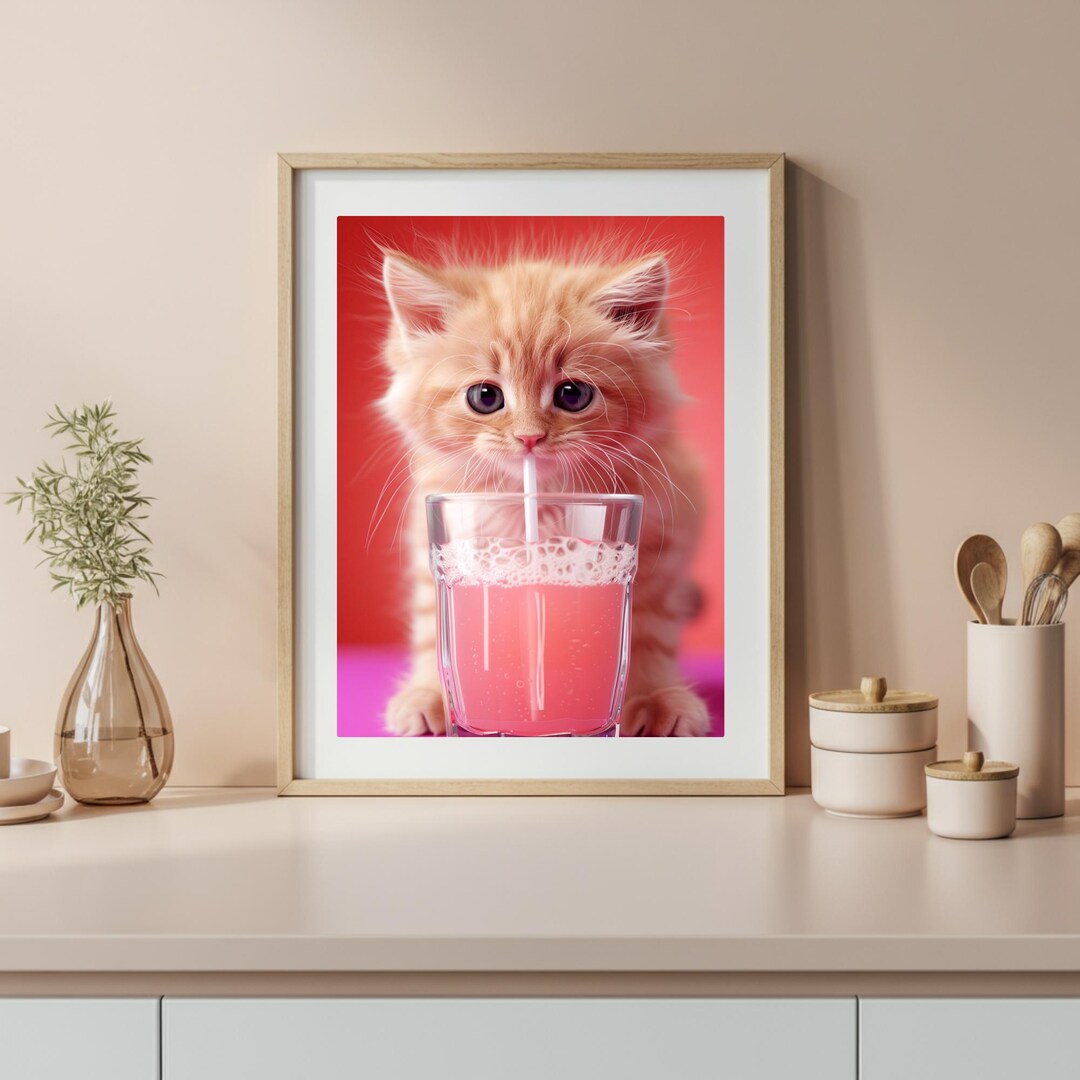 Funny Kitten Sipping Drink, Playful Cat Kitchen Print (digital Download ...