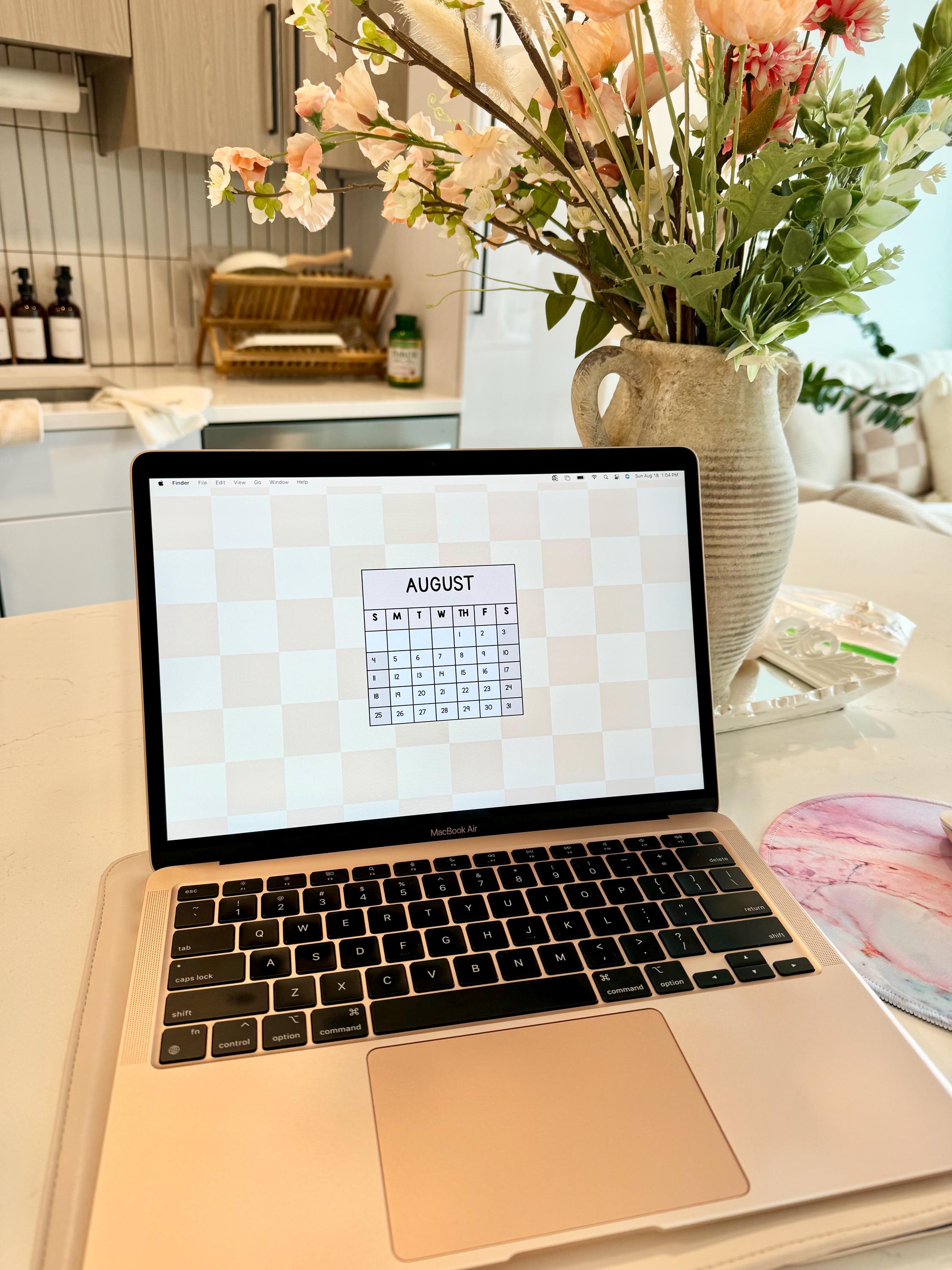 Trendy Checkered Desktop Wallpaper Neutral Beige With Calendar - Etsy