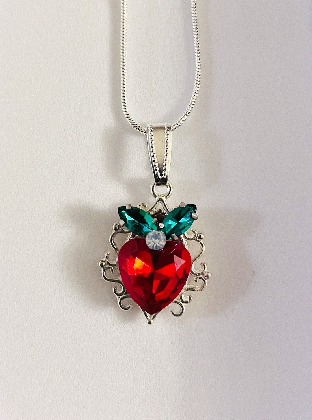 Strawberry Sparkle Pendant, Red Heart Necklace, Berry Charm, Filigree ...