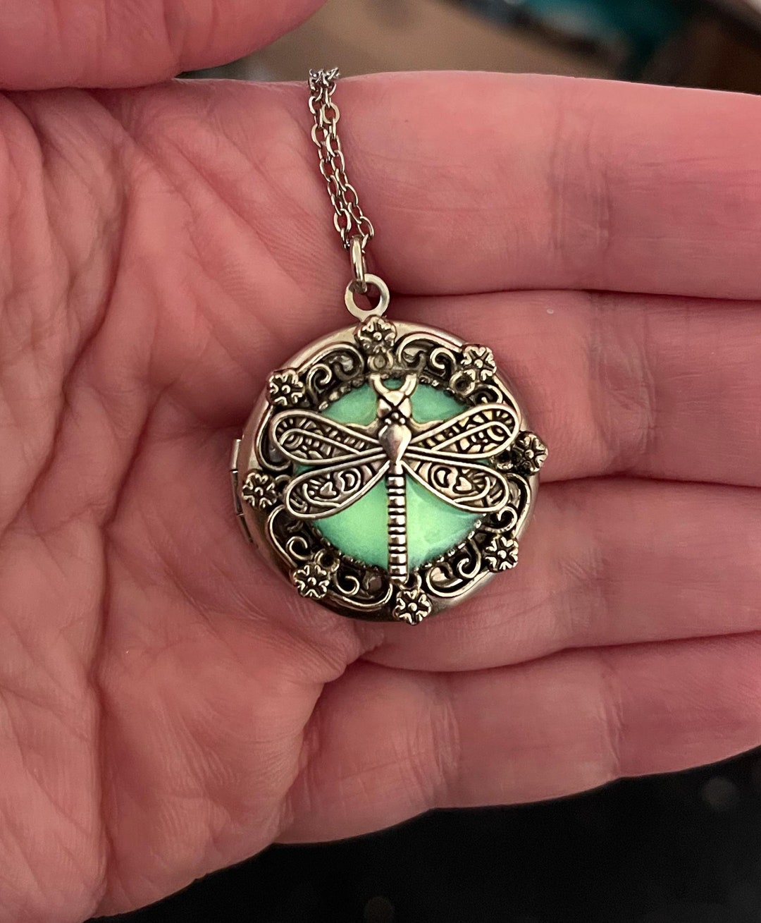 Dragonfly Glow in the Dark Silver Locket, Memory Locket, Locket for ...