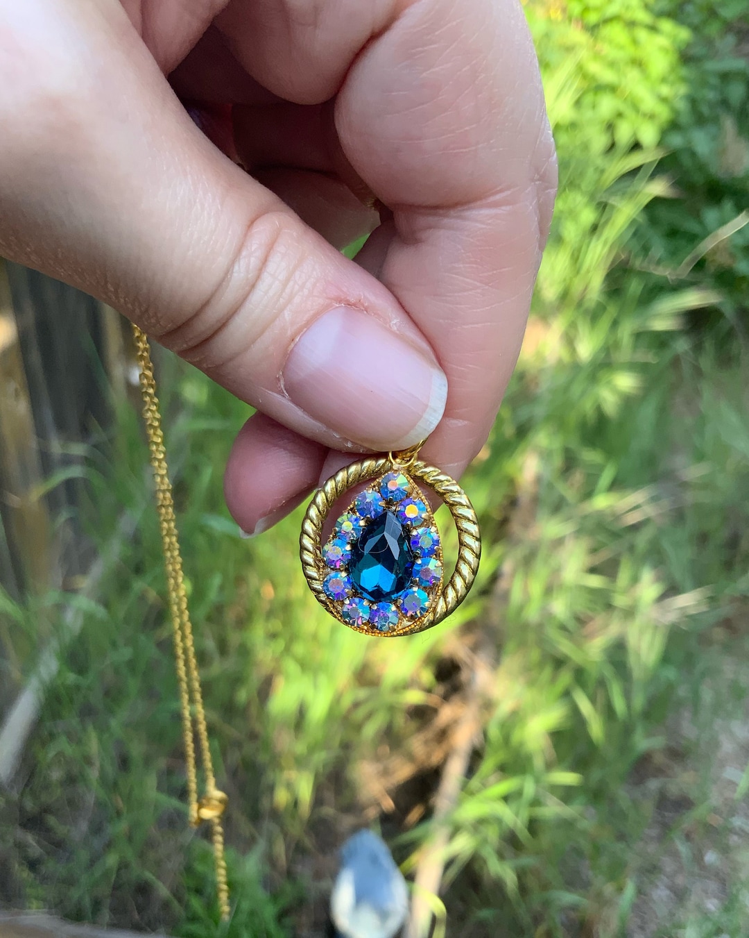 Teal Rhinestone Teardrop Pendant Necklace: Gold Tone Mermaid Jewelry - Etsy