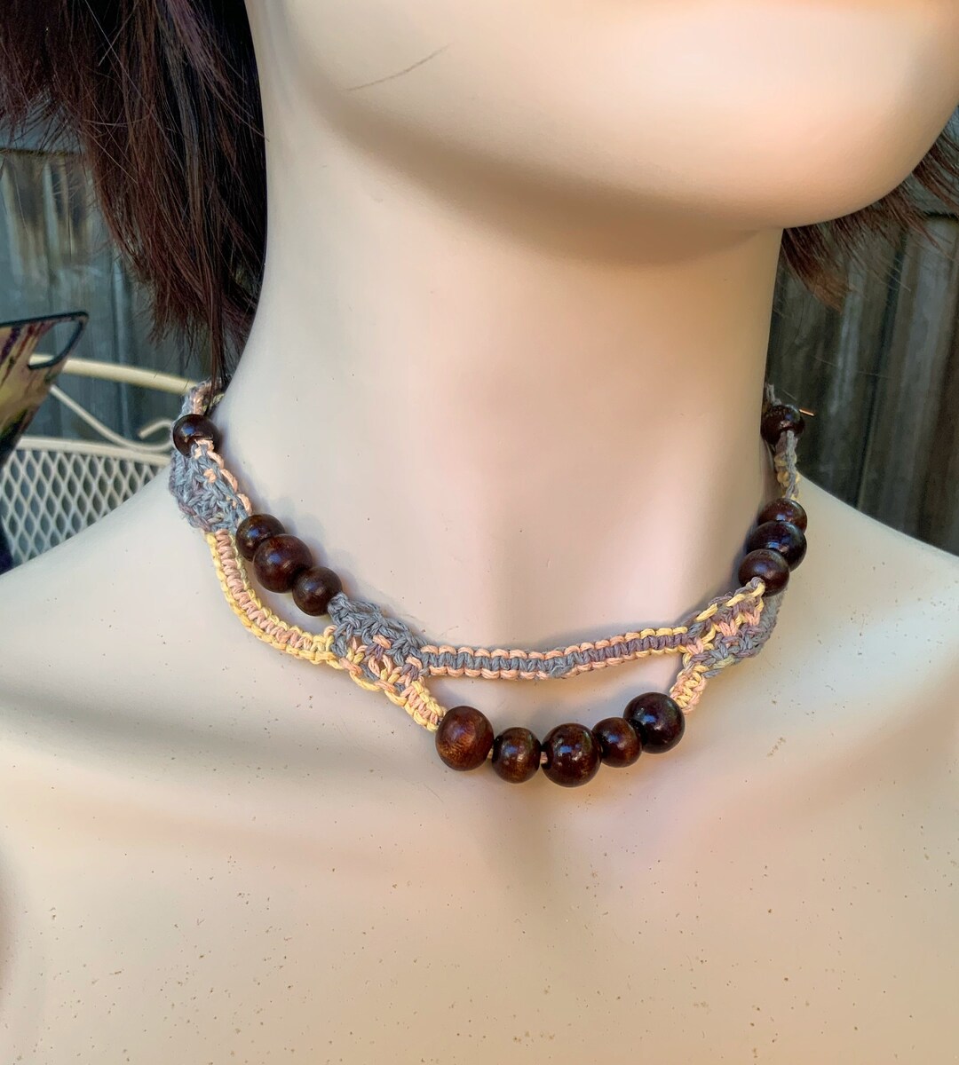 Boho Macrame Hemp Wood Choker Necklace, Gift for Women - Etsy