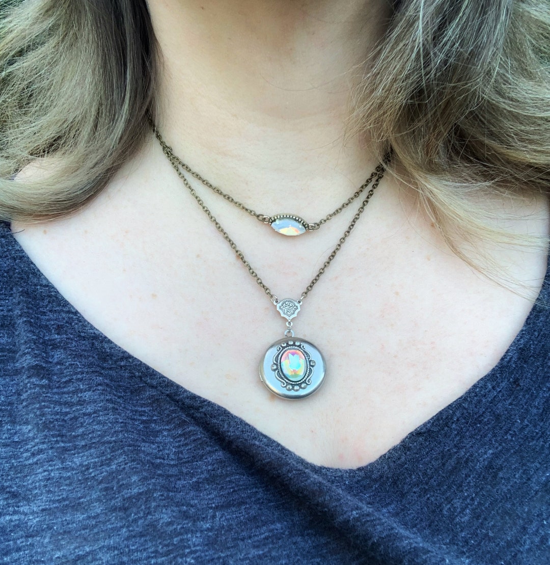 Silver Moonstone Locket Necklace Aurora Borealis Vampire Gothic Fairy ...