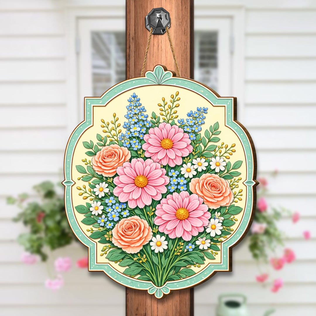 Floral Wooden Door Sign, Vintage Bouquet Hanger, Rustic Farmhouse ...