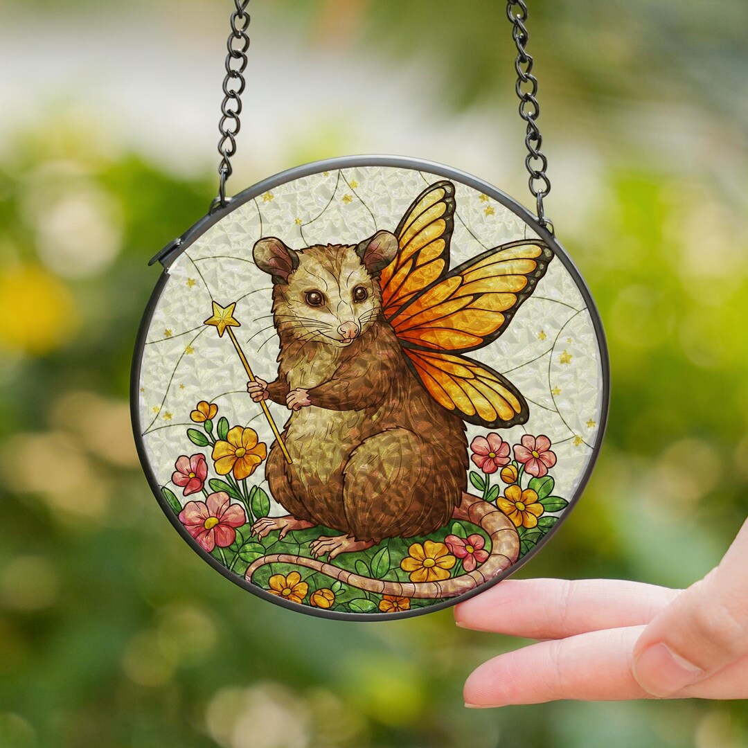 Fairy Possum Glass Suncatcher, Whimsical Animal Window Hanging With ...