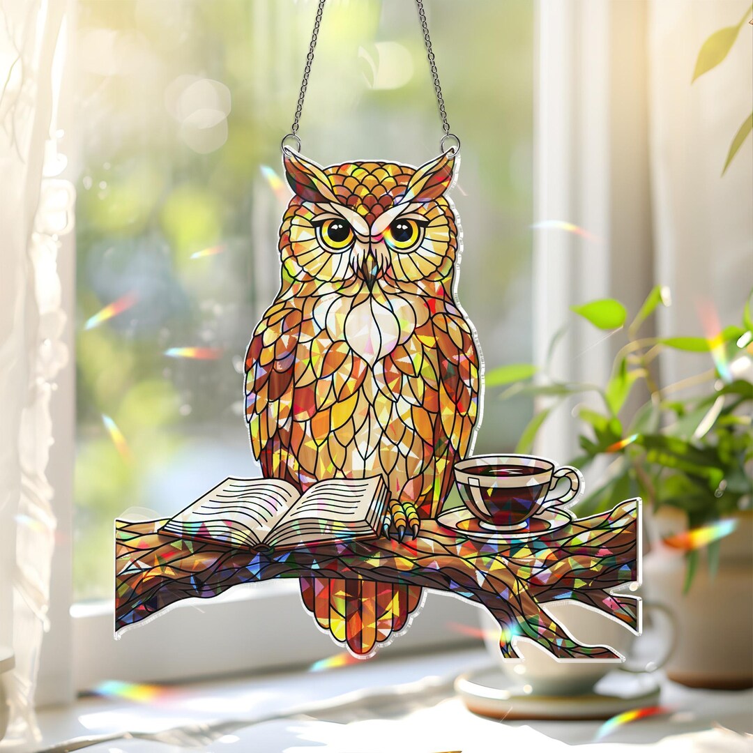 Owl Sun Catcher, Book Lover Gift, Autumn Window Decor, Stained Glass ...