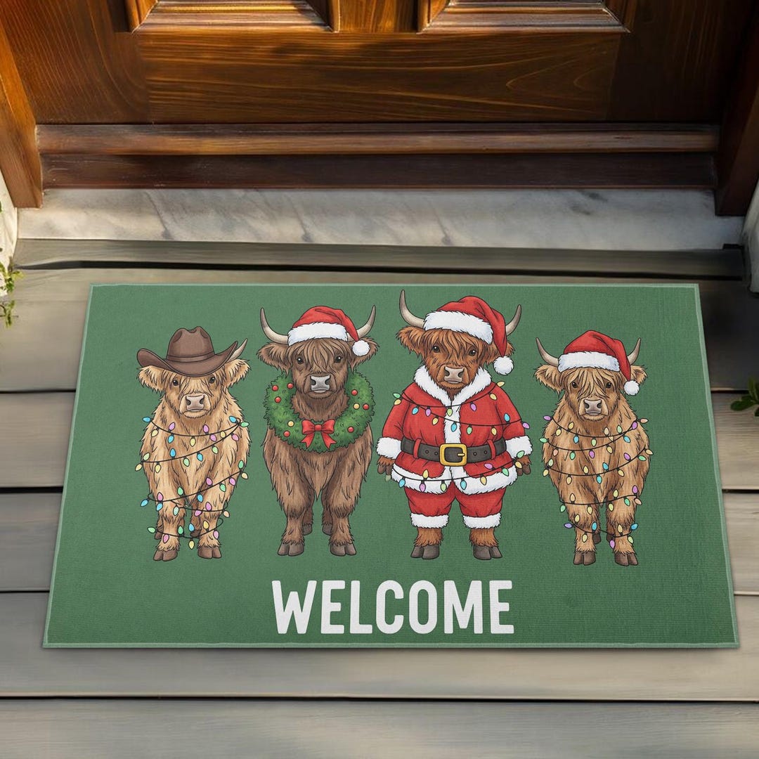 Highland Cow Christmas Doormat, Funny Holiday Welcome Mat, Cows With ...