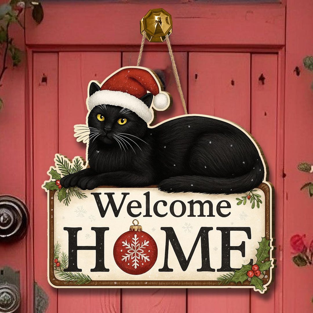 Black Cat Christmas Welcome Home Sign, Santa Hat Holiday Door Decor ...