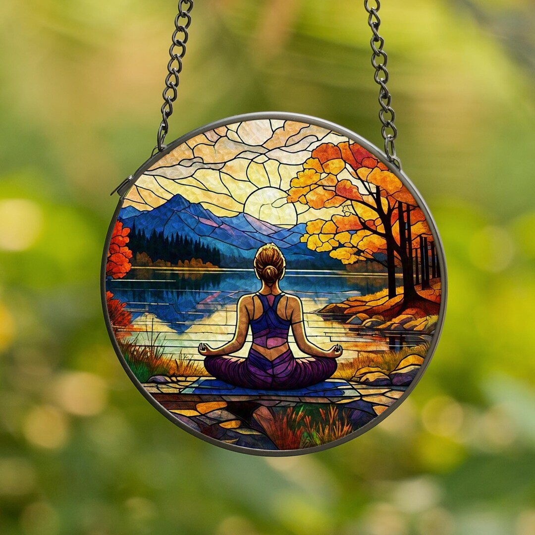 Yoga Meditation Glass Suncatcher, Peaceful Lake Sunset Window Decor ...