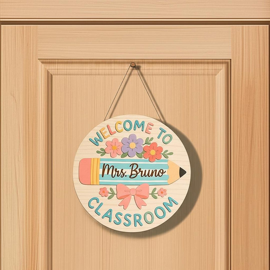 Welcome Classroom Sign, Custom Teacher Name Door Hanger, Pencil and ...