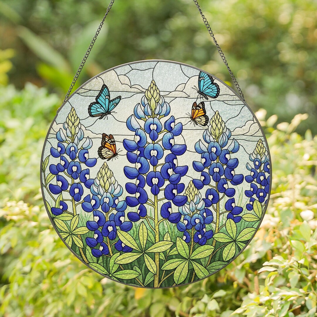 Texas Bluebonnet Glass Suncatcher With Butterflies, Wildflower Window ...