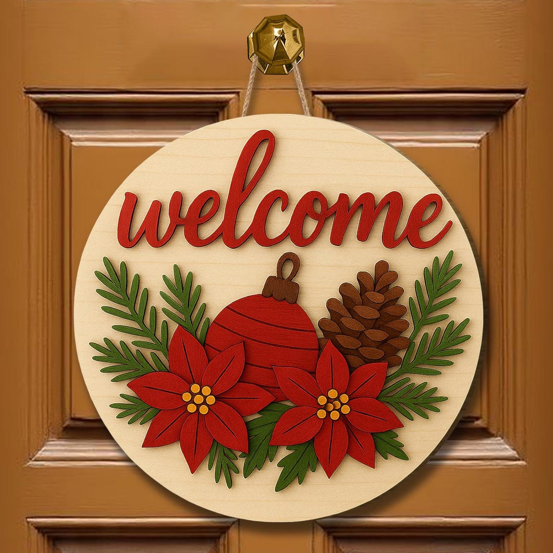 Christmas Welcome Sign, 3D Layered Wooden Door Sign, Holiday Poinsettia ...