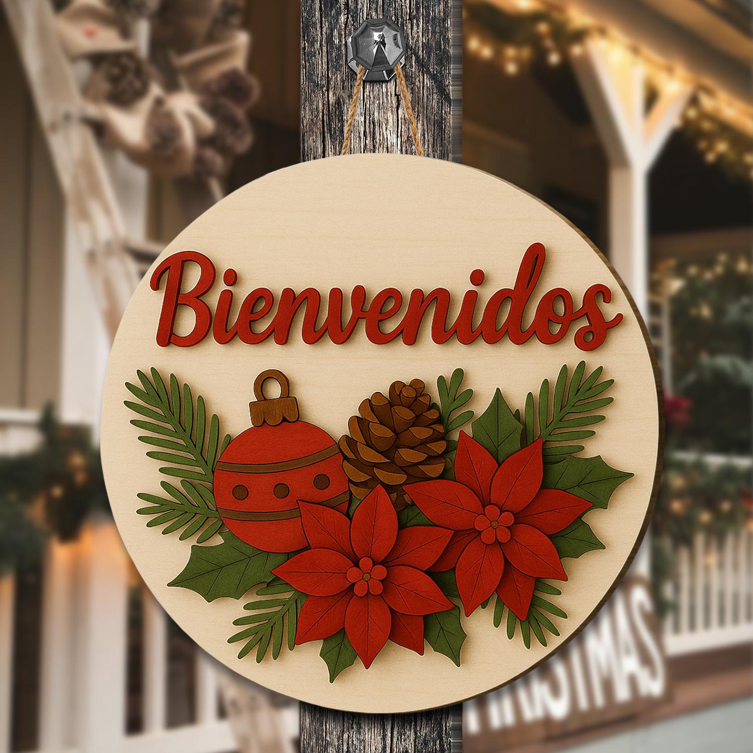 Bienvenidos Christmas Sign, 3D Layered Wooden Door Sign, Spanish ...
