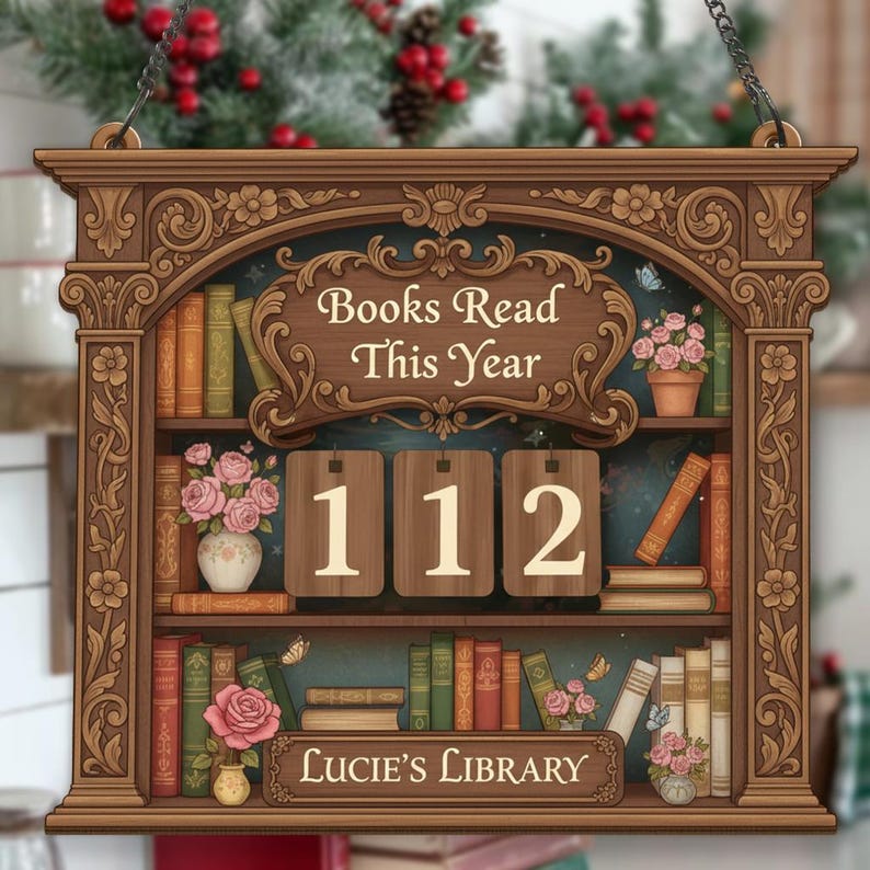 Vintage Bookshelf Reading Tracker Sign, Personalized Book Counter Decor ...
