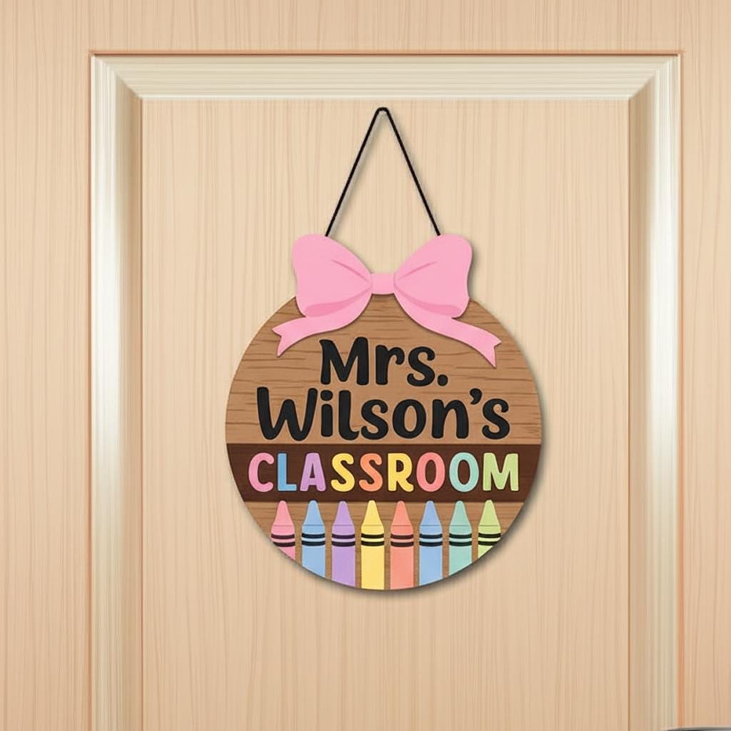 Crayon Classroom Door Sign, Custom Teacher Wood Plaque With Bow, Round ...