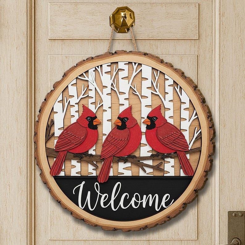 Cardinal Welcome Sign, Rustic Round Wooden Door Hanger, Red Bird Wall ...