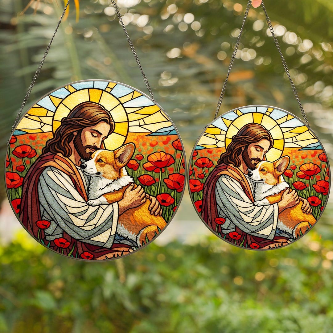 Jesus and Corgi Glass Suncatcher, Christian Pet Memorial Decor - Etsy