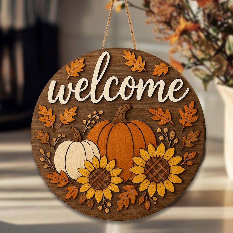 Welcome Fall Wooden Sign, 3D Pumpkin Sunflower Door Hanger, Rustic ...