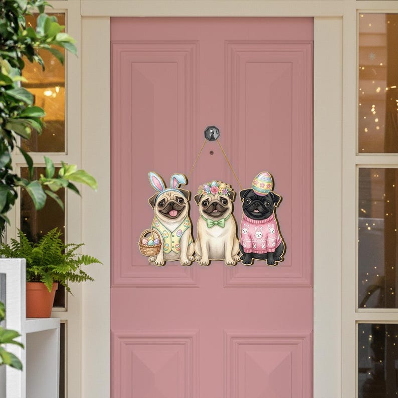 Easter Pug Wooden Door Sign, Bunny Pug Spring Decor, Cute Easter Dog ...