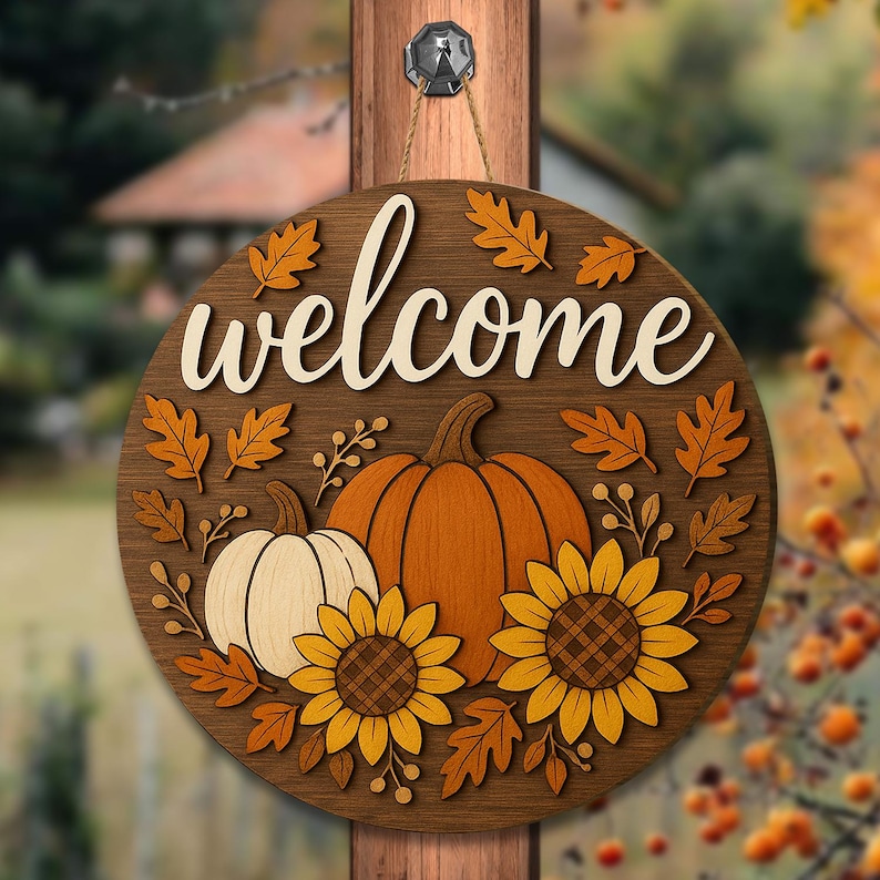 Welcome Fall Wooden Sign, 3D Pumpkin Sunflower Door Hanger, Rustic ...