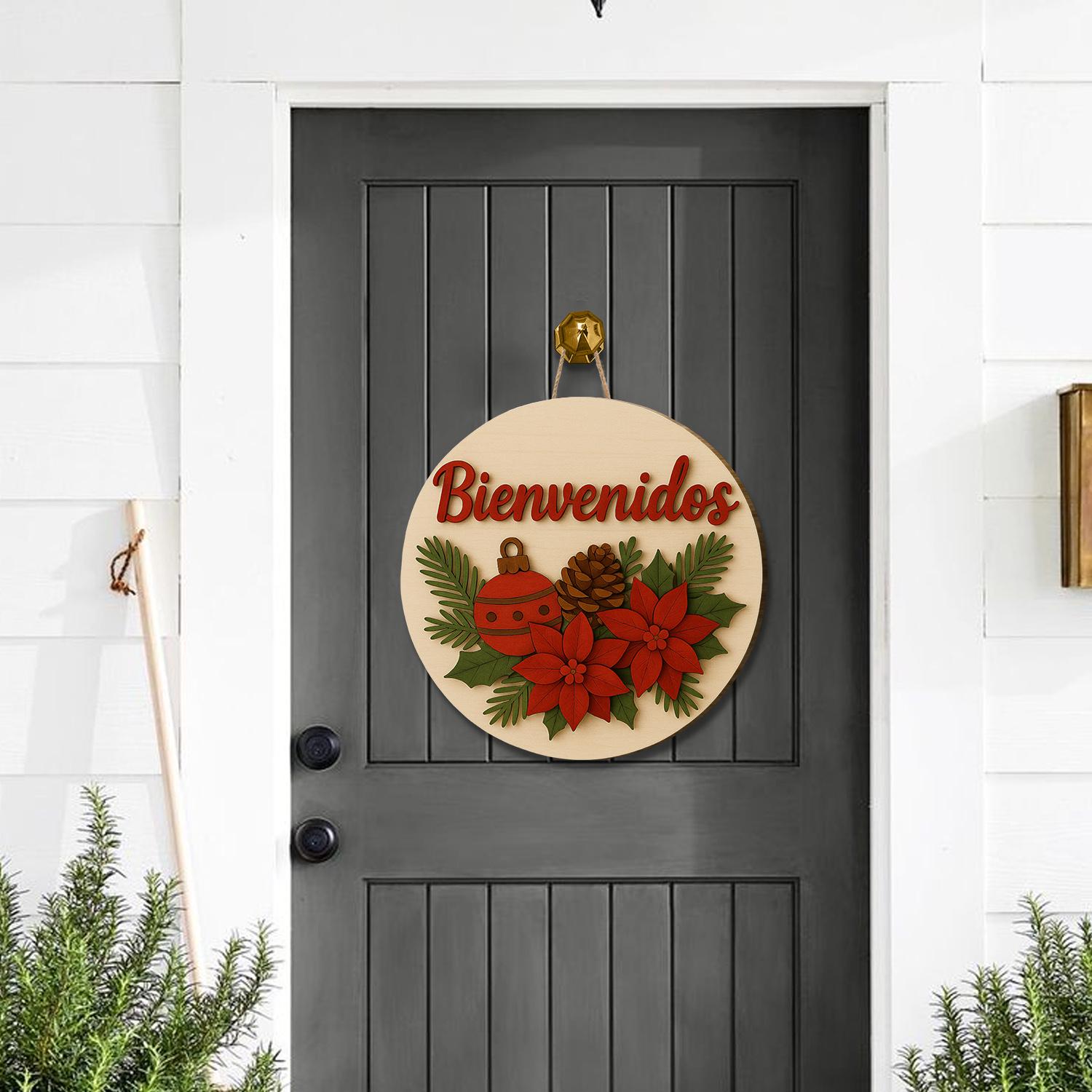 Bienvenidos Christmas Sign, 3D Layered Wooden Door Sign, Spanish ...