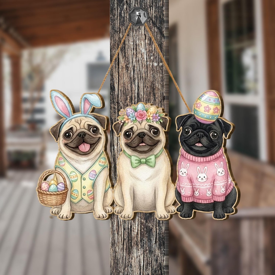 Easter Pug Wooden Door Sign, Bunny Pug Spring Decor, Cute Easter Dog ...