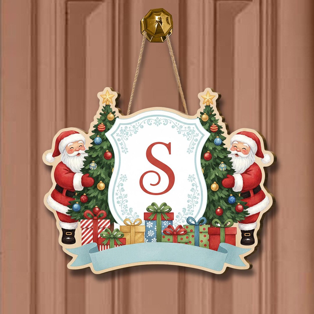 Personalized Santa Christmas Wooden Sign, Custom Initial Door Sign With ...