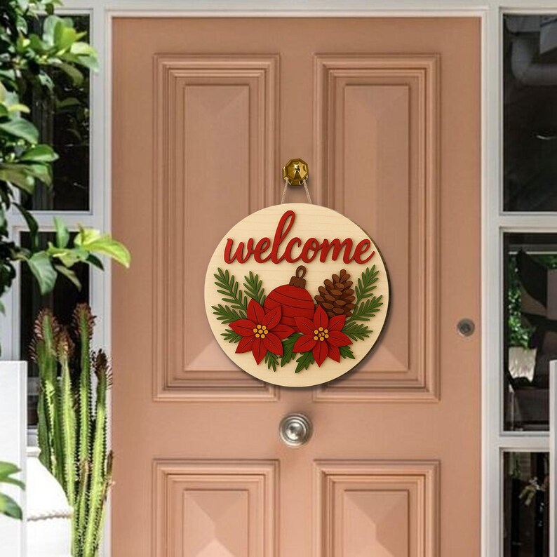 Christmas Welcome Sign, 3D Layered Wooden Door Sign, Holiday Poinsettia ...