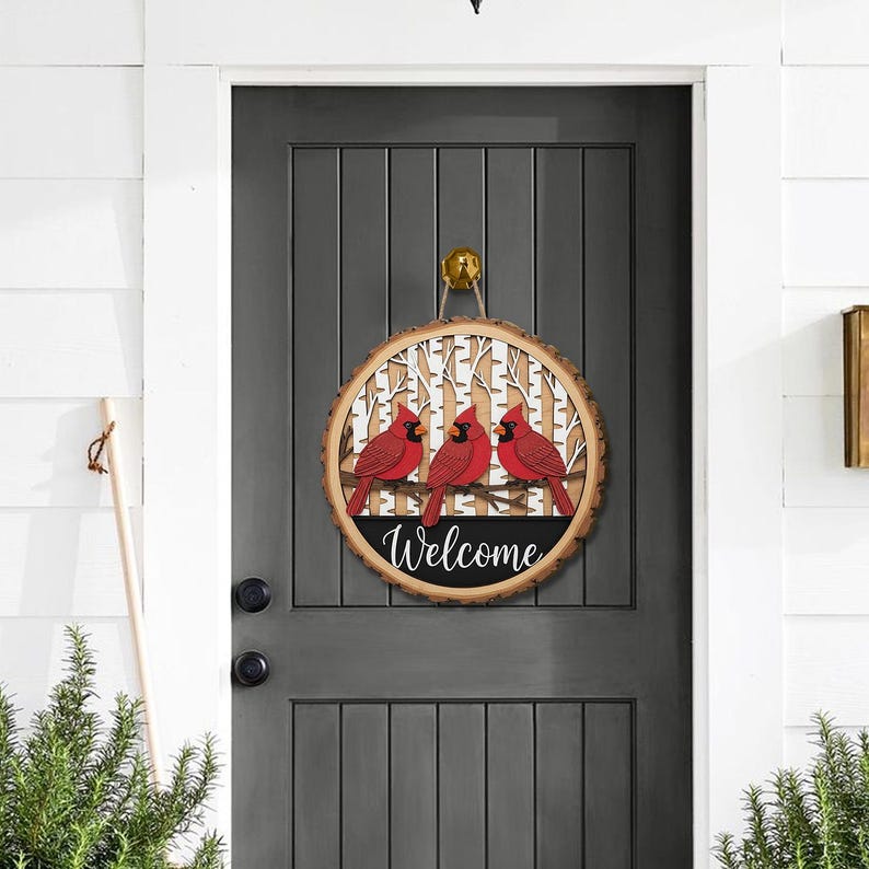Cardinal Welcome Sign, Rustic Round Wooden Door Hanger, Red Bird Wall ...