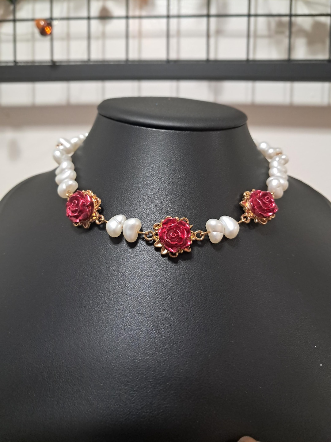 Red Rose & Pearl (faux) Choker | Rose Choker | Goth Jewelry | Faux ...