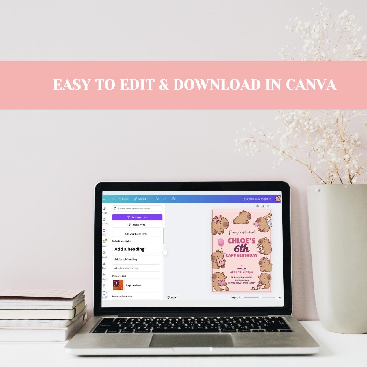 Editable Capybara Design Birthday Invitation, Capybara Birthday ...