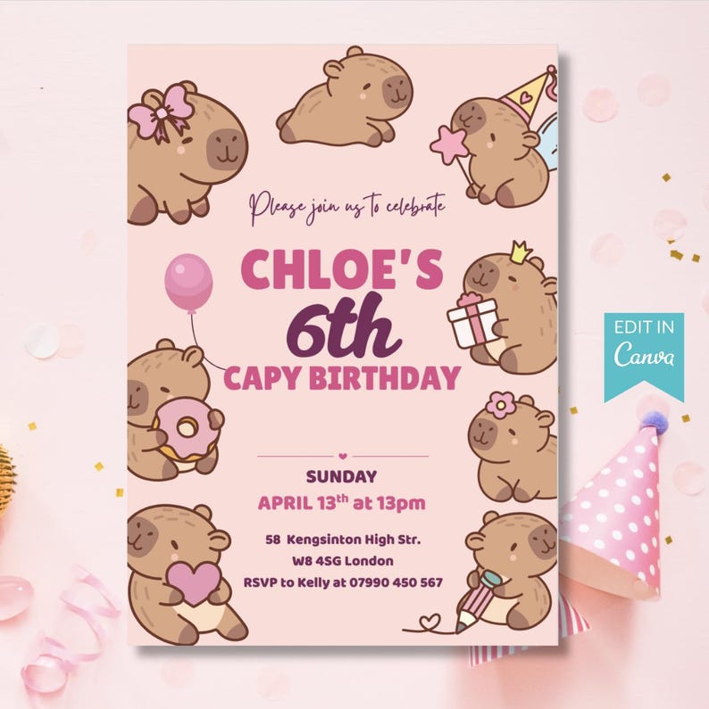 Editable Capybara Design Birthday Invitation, Capybara Birthday ...