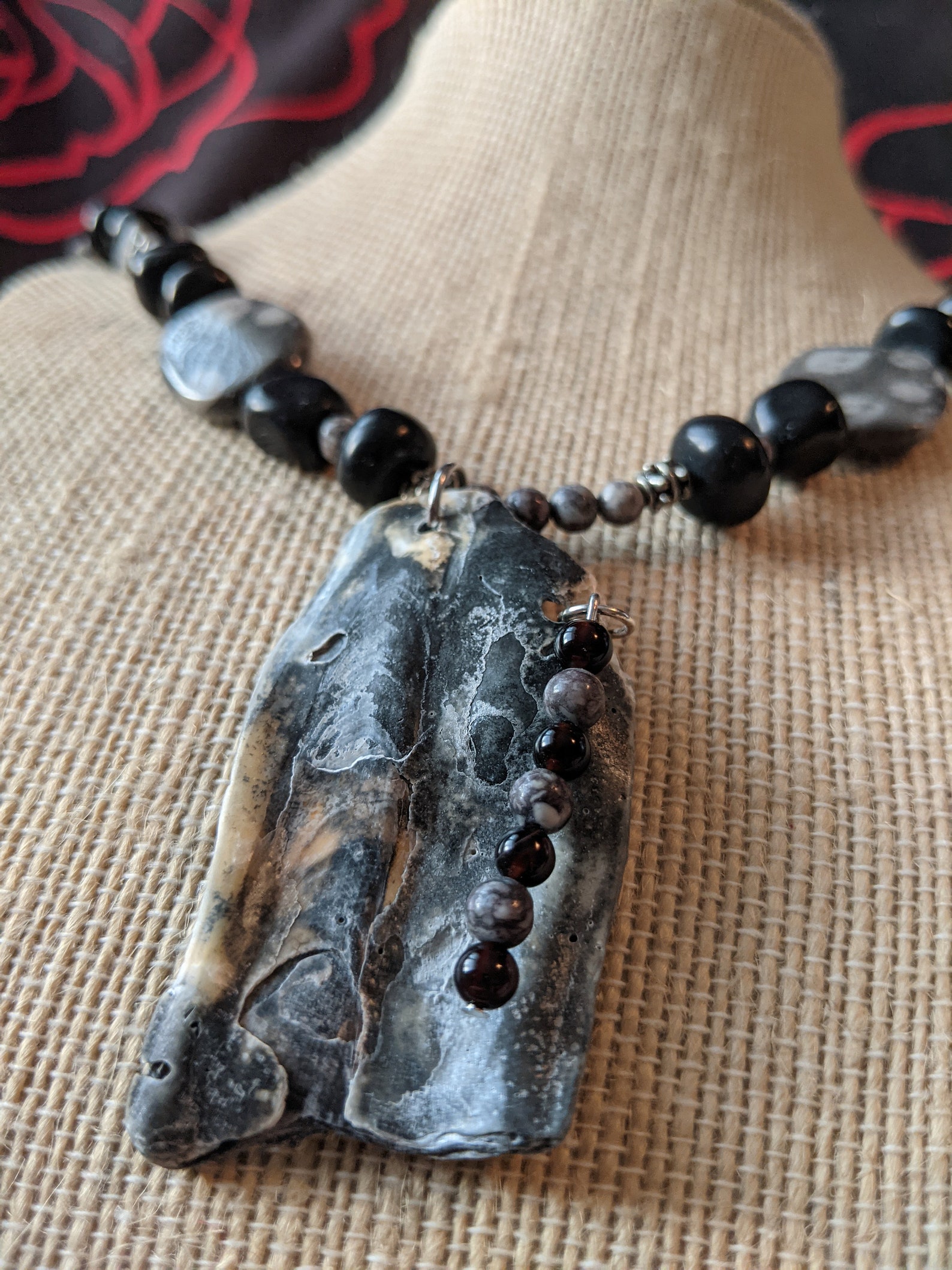 Black Shell Necklace - Grey Jasper, Obsidian, Fossilized Jasper ...