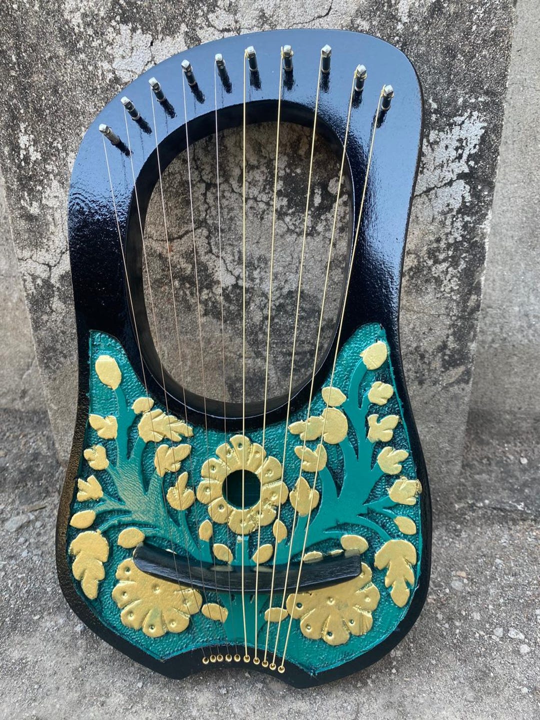Scottish 10 String Black Lyre 3 Golden Flower Lyre Harp Design With ...