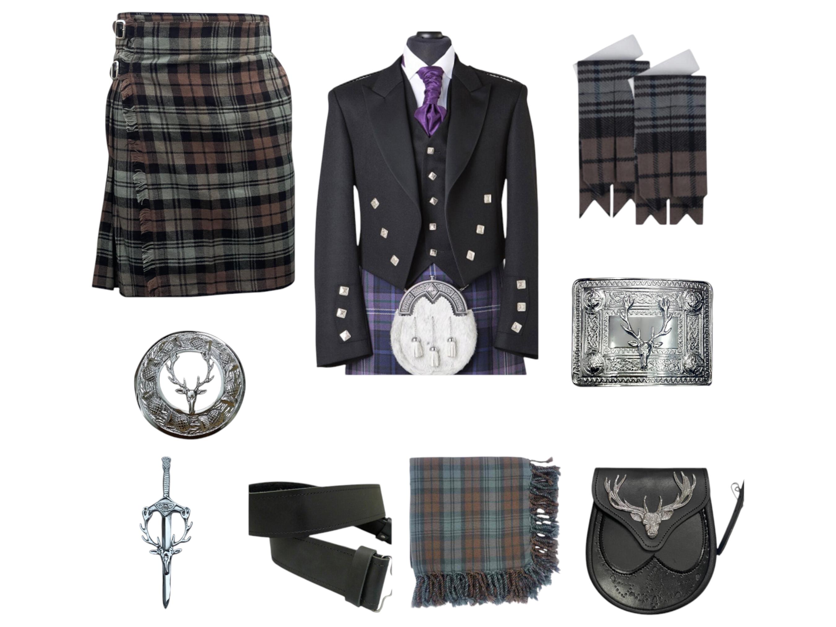 Men's Scottish 9 Pieces Kilt Set Prince Charlie Jacket Traditional Kilt ...
