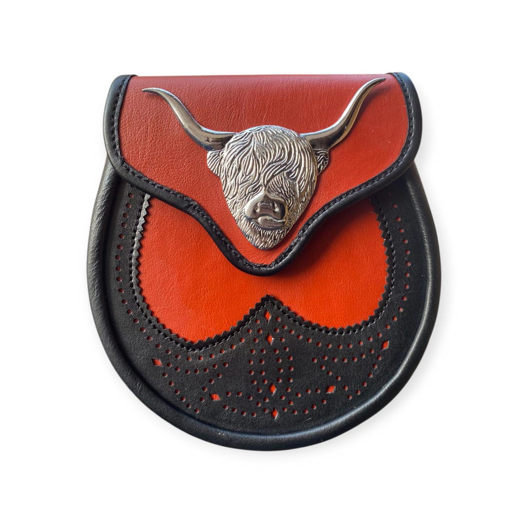 Men's Scottish Black and Maroon Cow Badge Kilt Sporran Leather Sporran ...