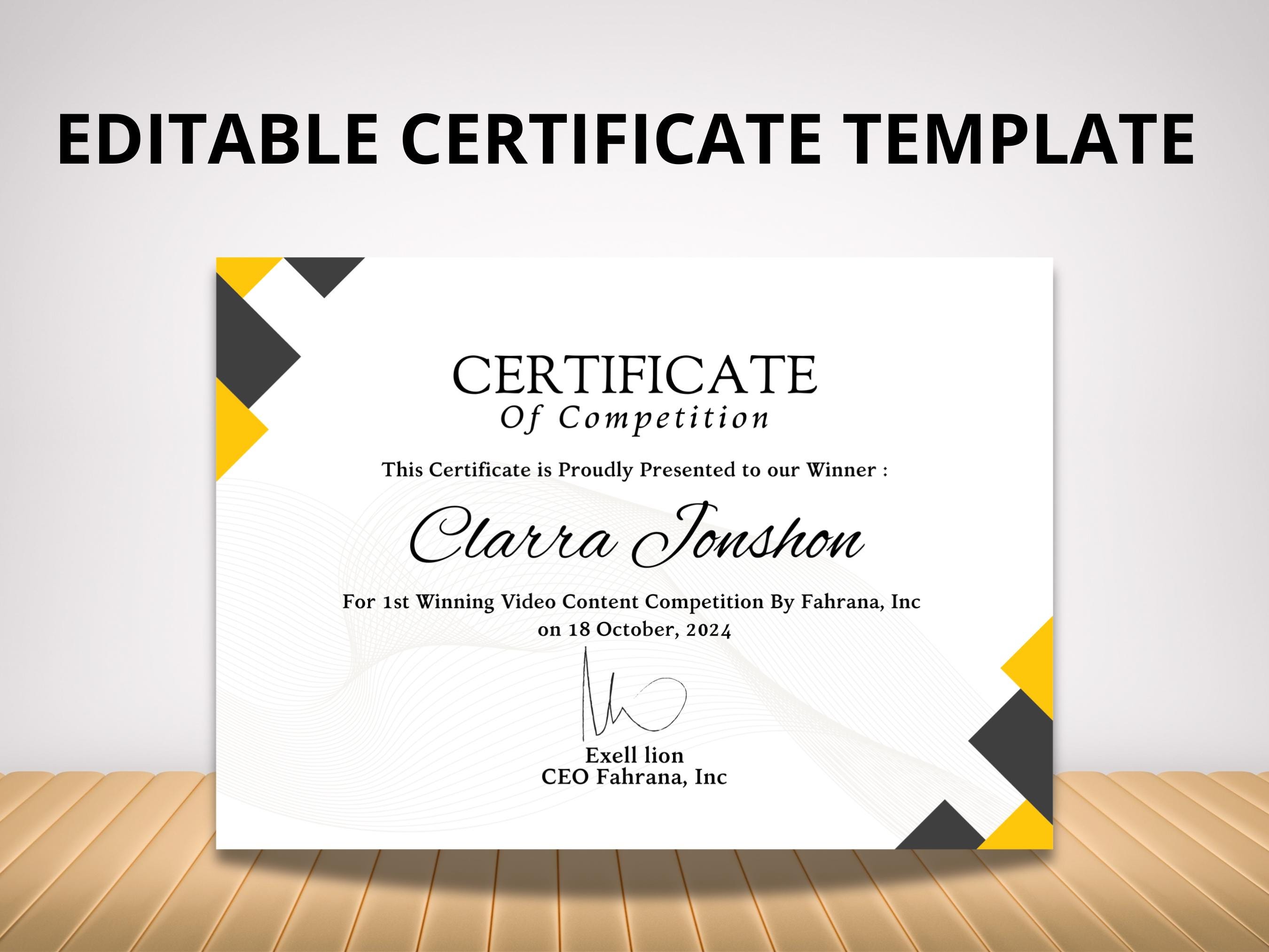 Editable Certificate of Competition, Printable Certificate, Editable ...