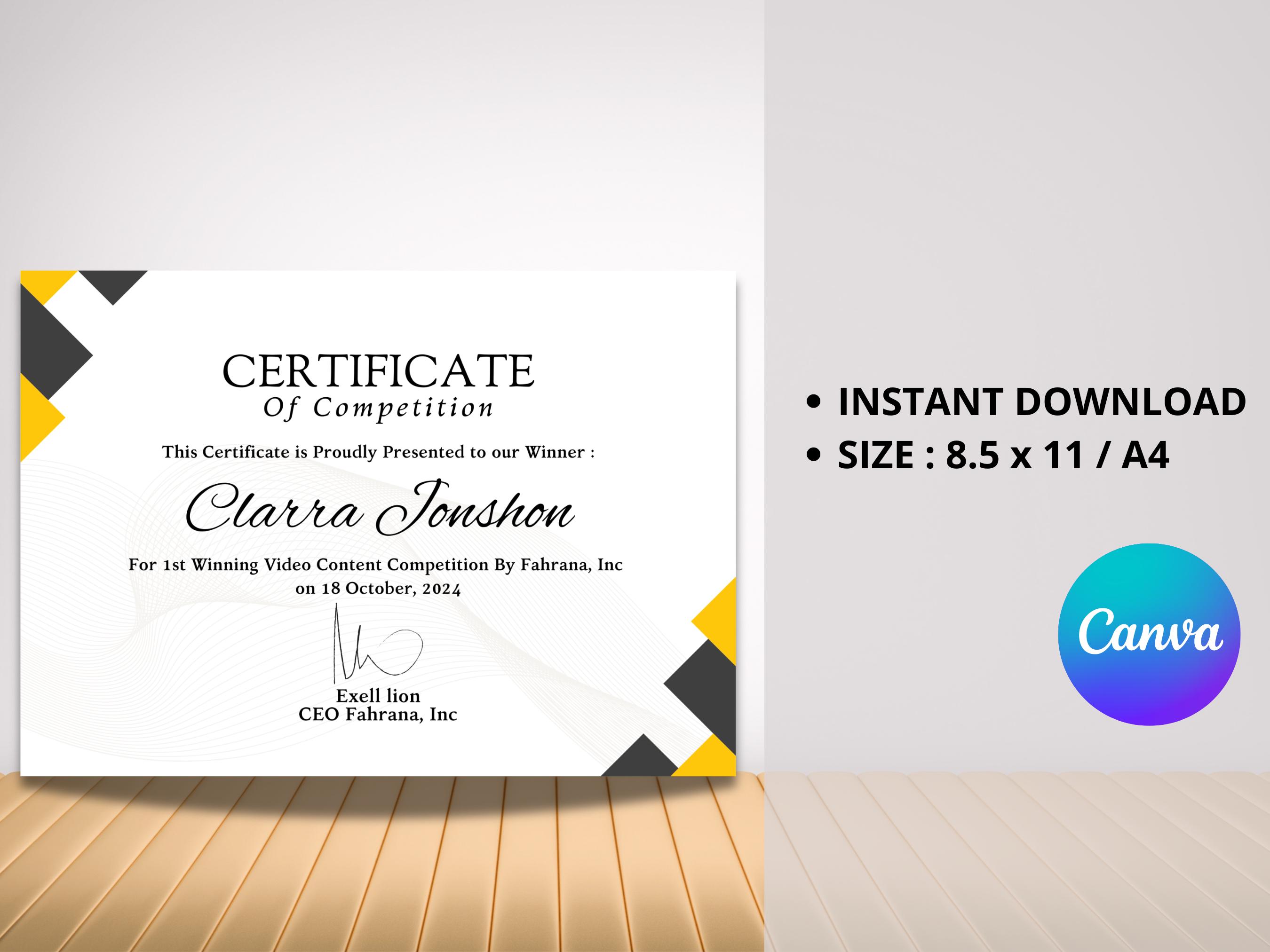 Editable Certificate of Competition, Printable Certificate, Editable ...
