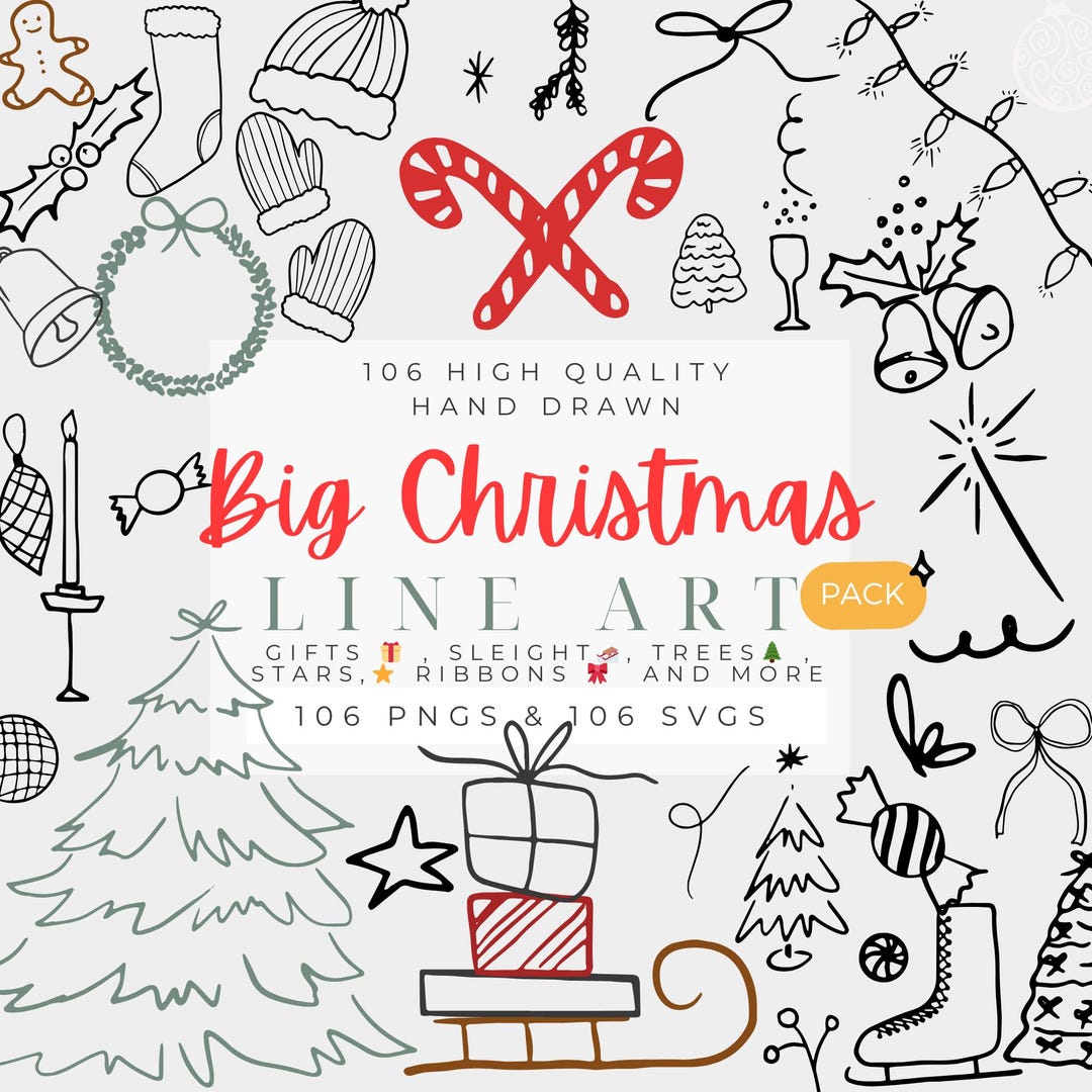 Hand Drawn Christmas Line Art – Holiday SVG PNG Clipart Bundle - Etsy
