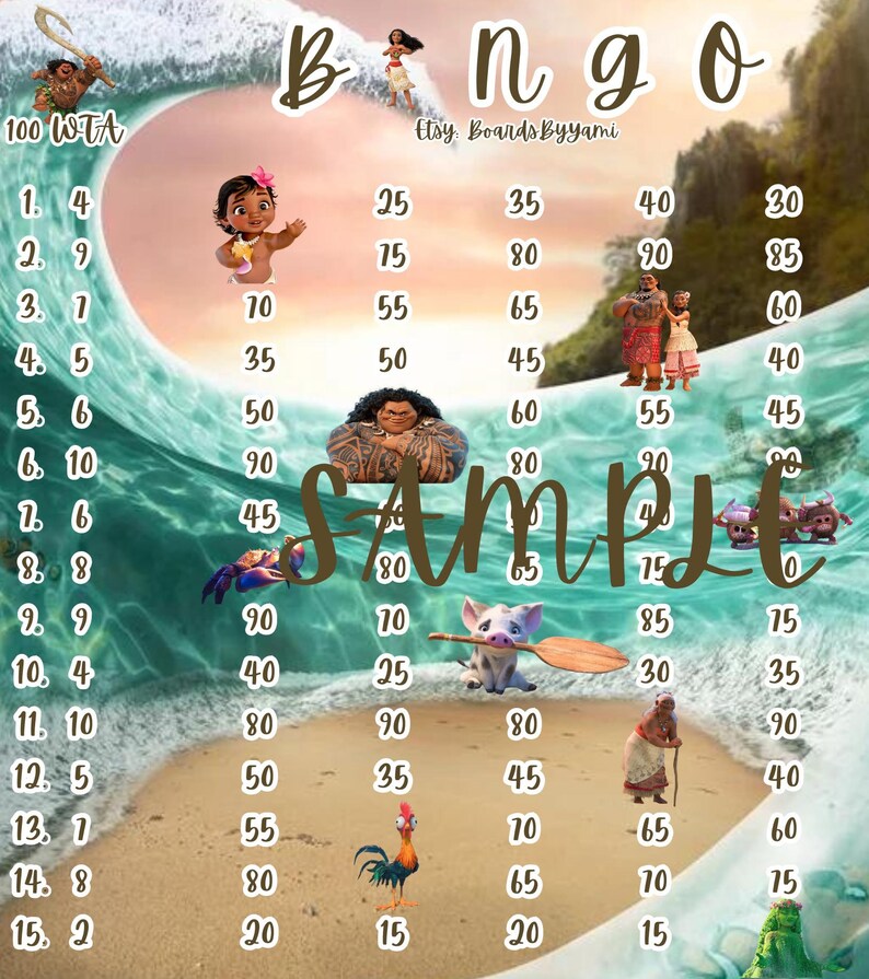 NEW Moana 100 Bingo Board - Etsy