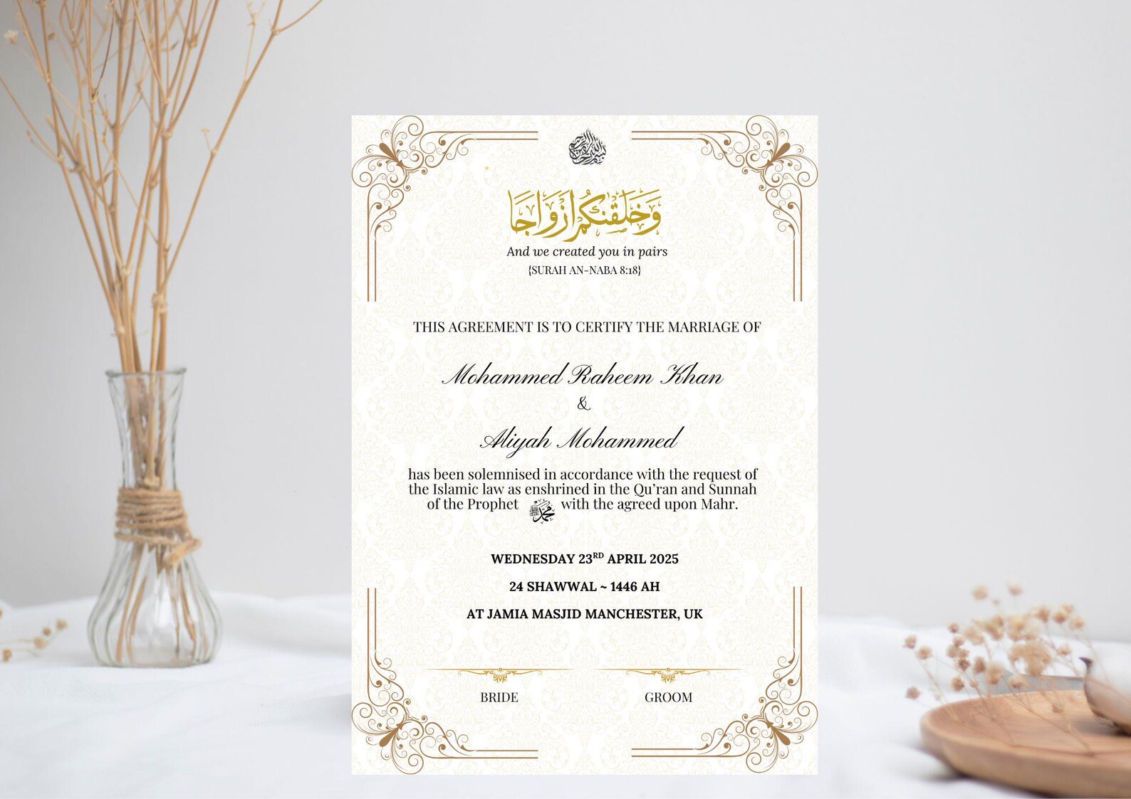 Personalised Nikkah Contract, Nikkah Certificate, Digital Nikkah ...